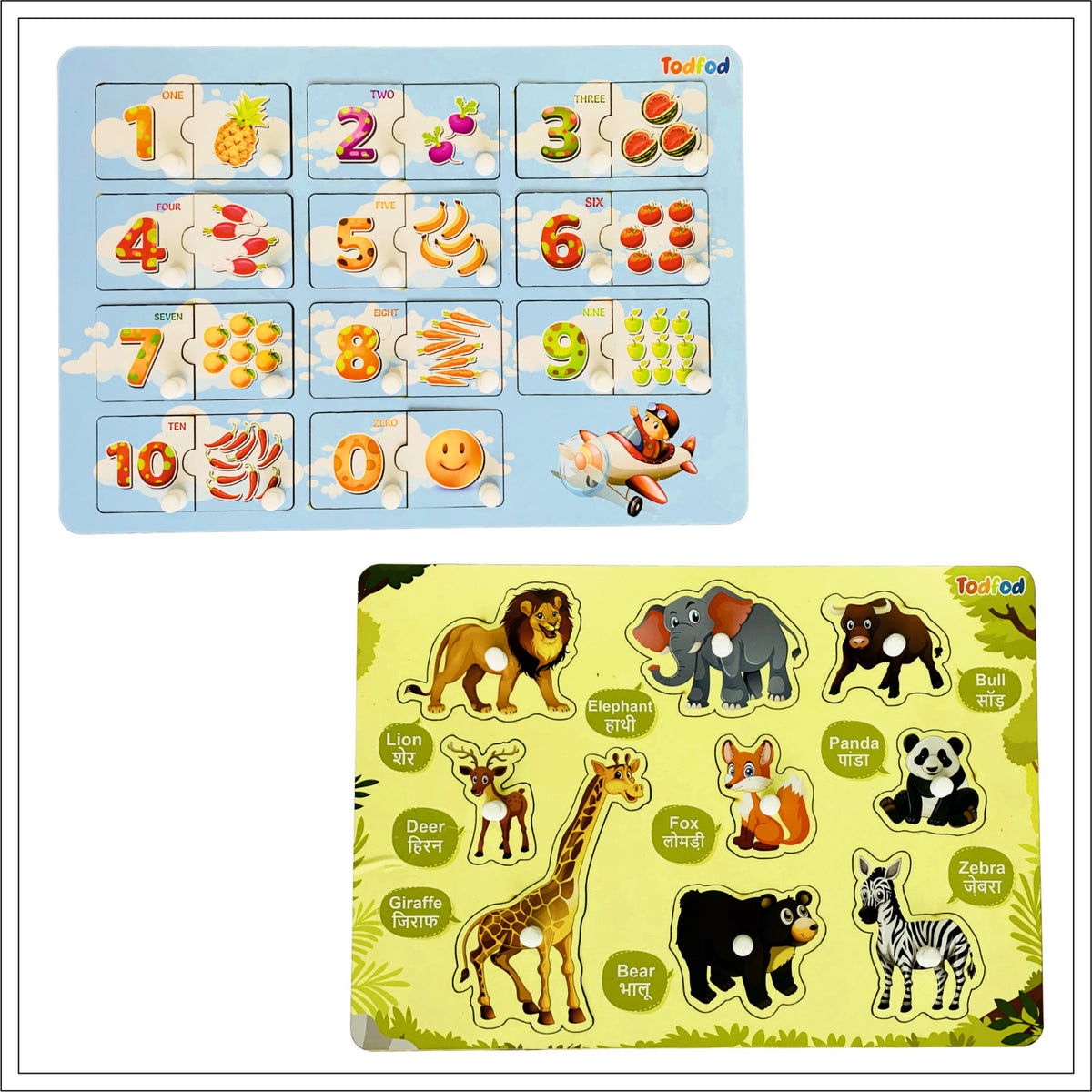 English Numbers & Wild Animal Characters Wooden Knob & Pegged Puzzle f ...